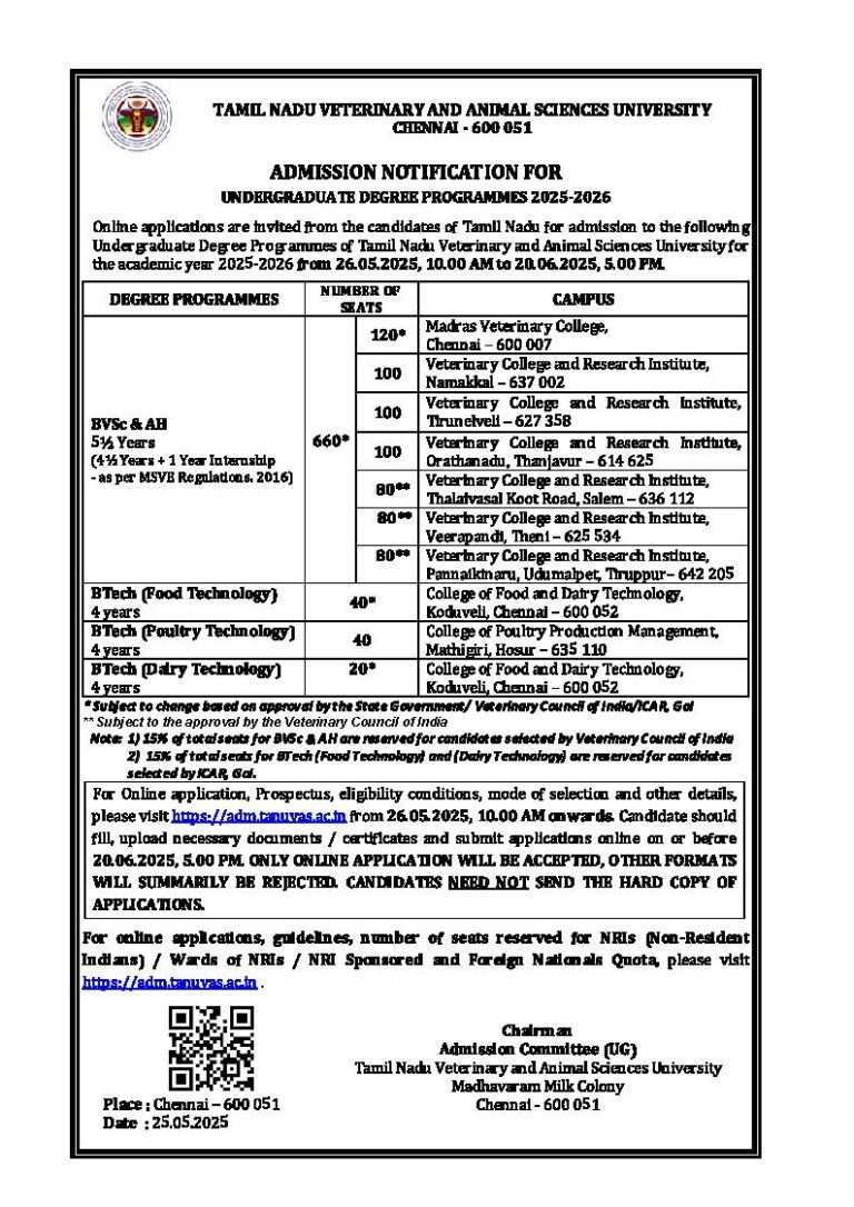 TANUVAS 2025 Admission - Seat Matrix, College List, Eligibility ...