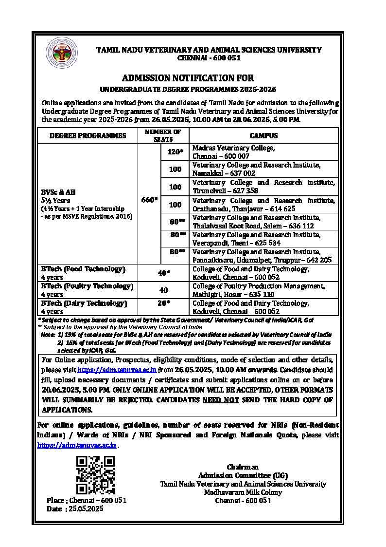 TANUVAS 2025 Admission - Seat Matrix, College List, Eligibility ...